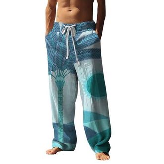 Generic Pantalon de plage en lin imprim&eacute; pour homme, pantalon de plage styliash coupe ample avec cordon de serrage et poches lat&eacute;rales, taille &eacute;lastique class