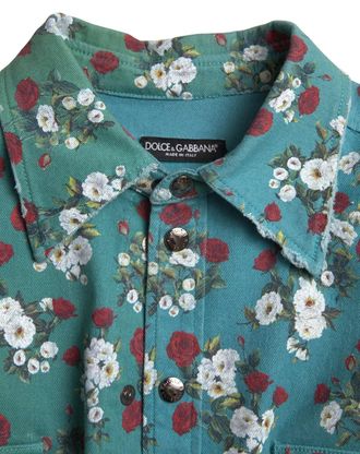 Dolce & Gabbana Mens Blue Floral Cotton Button Down Denim Shirt