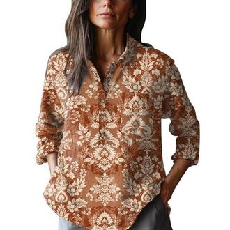 Generico Chemise Femme d&Eacute;t&eacute; Curvy Manches Longues Blouse en Lin Coton D&eacute;contract&eacute; Grande Taille Chemises Col en V Classique T Shirt Vintage Imprim&eacute; avec Bouton
