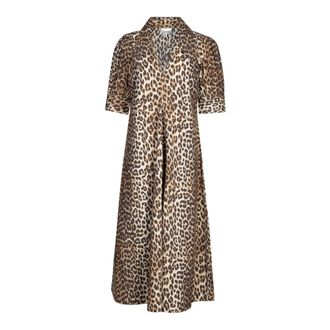 Ganni Femme, Robes, Multicolore, Taille: 34 FR Robe Maxi &agrave; Col V en Popeline de Coton Imprim&eacute; L&eacute;opard