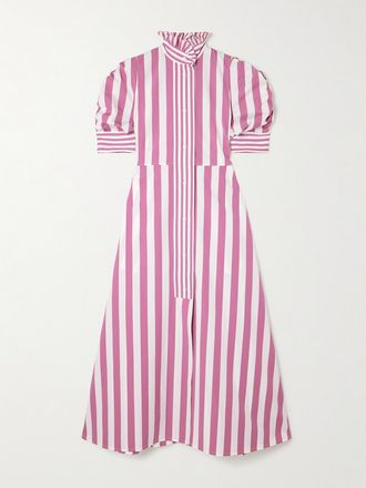Thierry Colson Venetia Midikleid Aus Gestreifter Baumwollpopeline Mit Rüschen - Pink