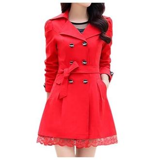 Generic Trench pour femme &agrave; manches longues, bordure en dentelle et noeud, manteau court mi-long pour femme, rouge, 3XL