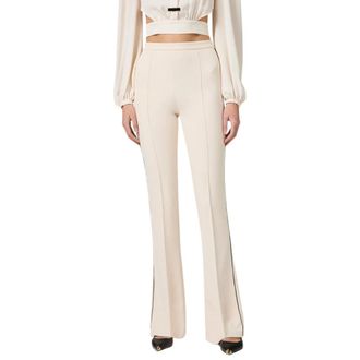 Elisabetta Franchi Femme, Pantalons, Blanc, Taille: 38 FR Pantalon &Eacute;vas&eacute; en Cr&ecirc;pe avec Passepoil Contrastant