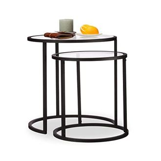 Relaxdays noir basse dappoint gigogne lot de 2, nuit ronde, Tables de chevet, HxLxP : 50,5 x 50 x 50cm, acier, verre