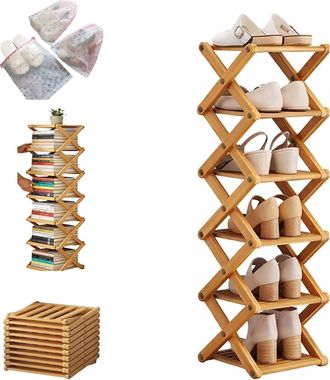 Generic 9-St&ouml;ckiges Bambusregal, 9-St&ouml;ckiges Bambusregal Ohne Montage, Faltbarer Platzsparender Schuhorganizer, Vertikale Schlanke Schuhaufbewahrung Mit 2-10 