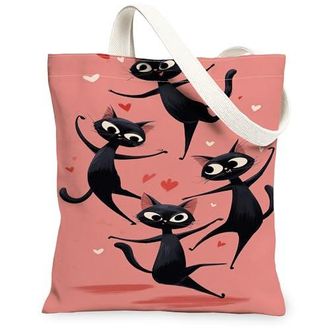 Generic Sacs fourre-tout en toile avec motif chat ludique, motif chatons mignons, coeurs, l&eacute;gers, lavables et r&eacute;utilisables pour le shopping, la plage, p&ecirc;che,