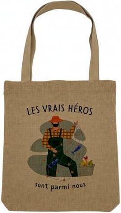 Fabulous Sac Shopping Tote Bag Aspect Lin - Les Vrais H&eacute;ros - P&ecirc;cheur M&eacute;tier Poisson Marin Sac de Courses Toile Epaisse 360g Beige Naturel Cabas Port&eacute; Epaule S