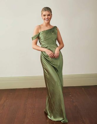 Six Stories Bridesmaid - Asymmetrisches Satin-Maxikleid in Moosgr&uuml;n mit Wasserfallausschnitt