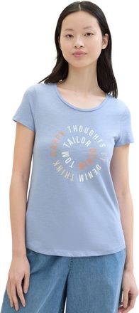 Tom Tailor Damen Basic T-Shirt mit Schriftzug, dusty cornflower, XL