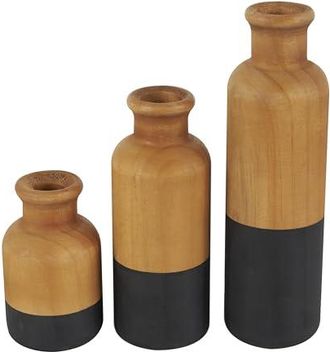 Deco 79 Dekorative Vase aus Holz mit schwarzem Sockel, Set mit 3 Vasen f&uuml;r Heimdekoration, 25,4 cm, 20,3 cm, 12,7 cm hoch, Braun