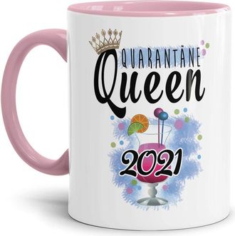 Tassendruck Tasse für Frauen - Quarantäne Queen 2021 - Lustige Bürotasse für zu Hause - Erinnerungstasse Viruskrise - Innen & Henkel Rosa, 300 ml