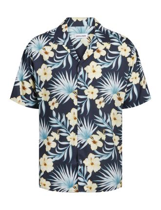 Jack & Jones Herren JJJEFF FLORAL AOP Resort Shirt SS Hemd 12252390,Navy Blazer,XS