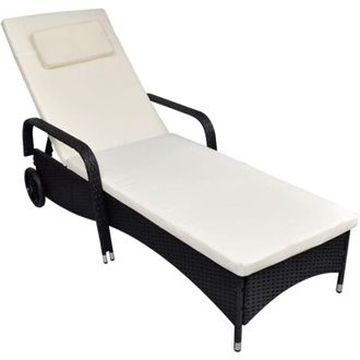 vidaXL Chaise longue avec coussin et roues R&eacute;sine tress&eacute;e Noir
