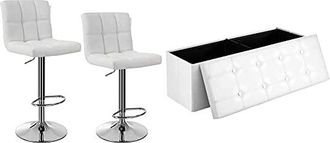 Songmics Tabouret de Bar, Lot de 2, Chaise, Revêtement en PU, Rotatif sur 360°, avec Dossier et Repose-Pieds & 110 x 38 x 38 cm Grand Pouf Coffre de Rangement 