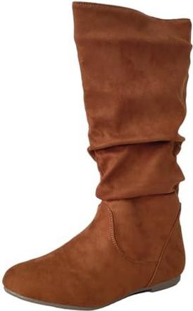 Generic Bottes souples pour femme - En daim doux - Talon bas - Confortables - Fermeture &eacute;clair lat&eacute;rale - Antid&eacute;rapantes autour des orteils - Bottes plates mi