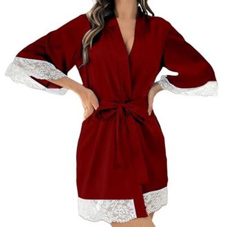 Generic DUHGBNE Robe Noir Pyjama Femme Sexy Peignoir De Bain Femme avec FR R&eacute;Tro Dentelle Robe De Chambre Nuit Dress Confortable Souple Nuisette avec Cordon &agrave;