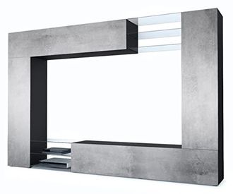 Vladon Meuble TV Mural Mirage, Ensemble &eacute;tag&egrave;re TV avec Panneau arri&egrave;re et 2 Portes, 2 clapets et 6 &eacute;tag&egrave;res en Verre, Noir Mat/Aspect B&eacute;ton Oxyde (262 x 183