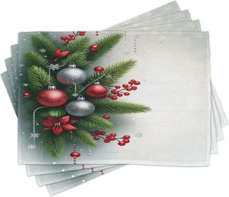 Abakuhaus Weihnachten Platzmatten, Weihnachtsbl&auml;tter des Kiefernbaums, Waschbare Stoff Esszimmer K&uuml;che Tischdekorations Digitaldruck, Wei&szlig;grau Farngr&uuml;n Rubin