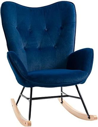 HOMCOM Fauteuil à Bascule, Rocking Chair, Fauteuil Allaitement Confortable avec Structure en Bois Massif et métal pour Salon, Chambre, Balcon, Velours Bleu