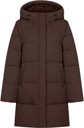 Generic Vestes rembourrées dhiver mi-longues pour femme avec fermeture éclair et bouton - Manteau chaud matelassé à capuche avec manches amovibles - Vêtement 