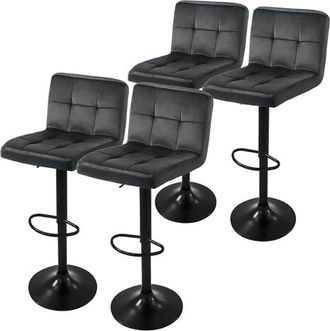 ML Design ML-Design Lot de 4 Tabourets de Bar en Velours, Gris, Chaise Rembourr&eacute;e avec Dossier et Repose-Pieds, R&eacute;glable en Hauteur 63-83cm, Pivotante &agrave; 360&deg;, T