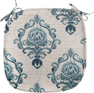 Abakuhaus Damast Polster für Esszimmerstühle, Nostalgische Barock Blooms, Dekoratives wasserfestes Kissen mit Riemen für Küchensitze, 40 cm x 40 cm, Tan Petrol 