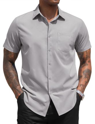 Coofandy Hemden Herren Kurzarm Businesshemd Freizeithemd Herrenhemden Kurzarm Sommerhemd Bügelfreie Business Hemden Regular Fit Formales Kurzarmhemd Hellgrau M