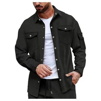 Generic Chemise &agrave; manches longues pour homme, chemise gaufr&eacute;e, coupe ample, boutonn&eacute;e, chemise de travail respirante, couleur unie, hauts d&eacute;contract&eacute;s, col &agrave; 