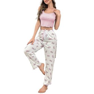 Generic Pyjama Femme Deux Pièces Ensemble Décontracté Cami sans Manches Imprimé Pantalon Taille Haute Color Block Tenue de Nuit Moderne