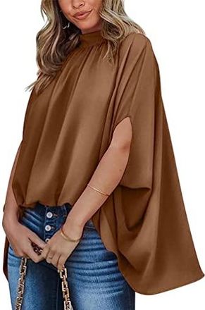 Minetom Chemise Femme Élégant Couleur Unie Manche Chauve-Souris Shirt Cape Poncho Tunique Blouse Casual Lâche Chemisier Haut Tops A Marron XL
