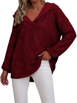 ORANDESIGNE Sweat Paillettes Femme Capuche Sweat &agrave; Capuche Paillettes Sweats Oversize Hoodie Col en V Manches Longues A Bordeaux XXL