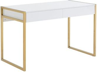 Vente-Unique Bureau avec 2 tiroirs - MDF laqu&eacute; et m&eacute;tal - Blanc et dor&eacute; - Mason II - avec Rangement