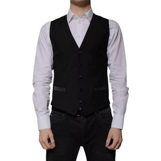 Dolce & Gabbana Black Wool Formal Dress Men Waistcoat Vest Virgin Silk Polyester