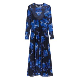 Ted Baker Rozeen Mesh Langarmkleid Mit Print, Blau, Midi-l&auml;nge