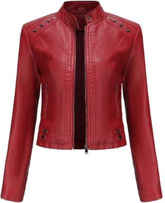 Generic Vestes en similicuir matelass&eacute; &agrave; manches longues pour femme - Manteaux &agrave; revers et fermeture &eacute;clair - Manteau de motard pour moto, rouge vin, XXL
