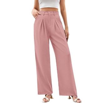Generic Pantalon large pour femme - Taille haute &eacute;lastique - Pantalon de travail ample pliss&eacute; - Avec poches - Pantalon large pour femme, rose, XL