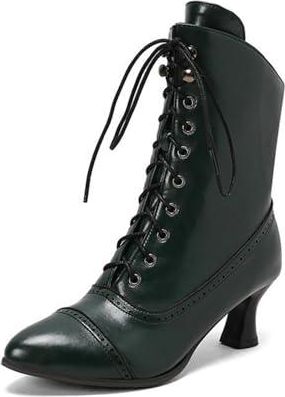 Generic Bottines Femmes à Bout Pointu et Lacets, Bottines Courtes à Talon Haut Vintage pour Quotidien & Soirée,Vert,35 EU
