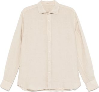 120% Lino Beige Leinenhemd Slim Fit Lange &Auml;rmel - - Shirts - Herren - Beige - M