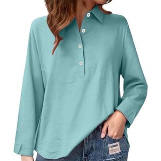 Generic Haut surdimensionné pour femme 2025 en lin à manches boutonnées - Col en V - Confortable - Tenue dété pour entraînement, Vert, 3XL