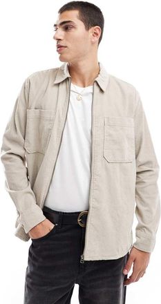 Only & Sons Cord-Hemdjacke in Steinbeige mit Reißverschluss-Weiß