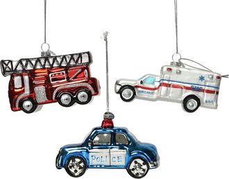 Decoris Christbaumschmuck Glas Rettungsdienst 11cm x 3 Stück Fahrzeuge Autos mundgeblasen bunt