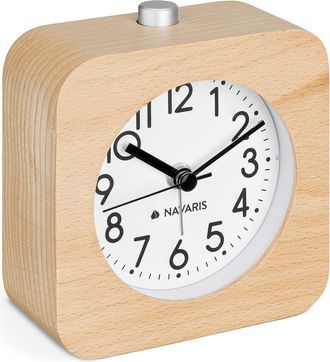 Navaris Analog Holz Wecker mit Snooze - Retro Uhr Viereck Design mit weißem Ziffernblatt Alarm - Leise Tischuhr ohne Ticken - Holzwecker Hellbraun