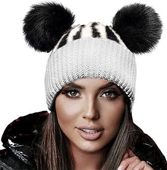 4sold Miki Bonnet dhiver en laine tricotée avec 2 pompons - pour femme et fille - pour le ski et le snowboard (coloré), blanc, taille unique