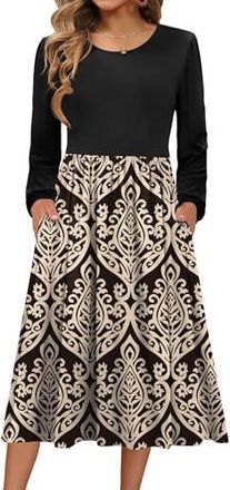 Zeagoo Robe pour femme - Manches longues - Col rond - Robe dautomne - Robe midi - Tunique - Robe dautomne - Robe décontractée avec poches, Couleur Z A, XL