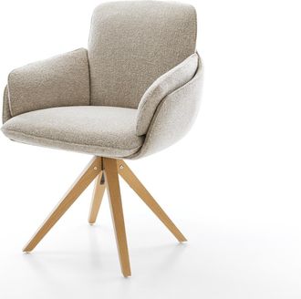 DELIFE Drehstuhl Luan-Flex mit Armlehnen Webstoff Soft Beige Holzgestell kantig Natur 360&deg; drehbar, Esszimmerst&uuml;hle