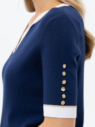 Passioni T-Shirt Strickshirt mit Knopf-Details Navy Shirt mit V-Ausschnitt und goldenen Details