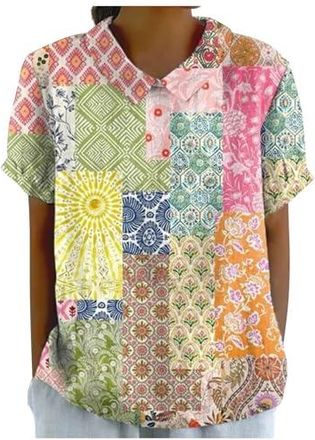Generic T-shirt d&eacute;t&eacute; pour femme - Col rond &eacute;l&eacute;gant - Col rond - Chemise en lin imprim&eacute;e - Pull ample - T-shirt d&eacute;contract&eacute;, multicolore, XXL