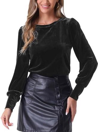 Allegra K Chemisier dhiver en Velours Femmes Blouse Manches Longues Bouffantes Pull Décontracté Haut Col Rond Noir XL
