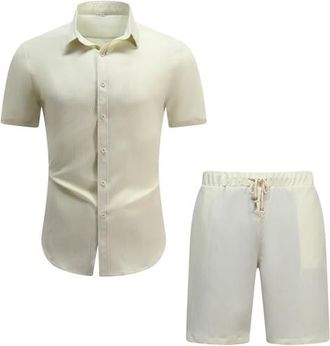 AlltheMen Chemise Ensemble Homme Manches Courtes Couleur Uni Shirt Boutonn&eacute;e Casual Travail Blouse avec Shorts en Lin d&eacute;t&eacute; de Plage Beige 3XL