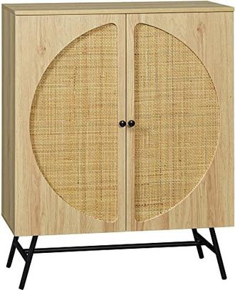 HOMCOM Meuble de Rangement Buffet Haut Aspect Bois et cannage Design 2 Portes - 80 x 39 x 101,8 cm Naturel